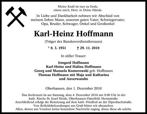 Traueranzeigen Von Karl Heinz Hoffmann Trauer In NRW De