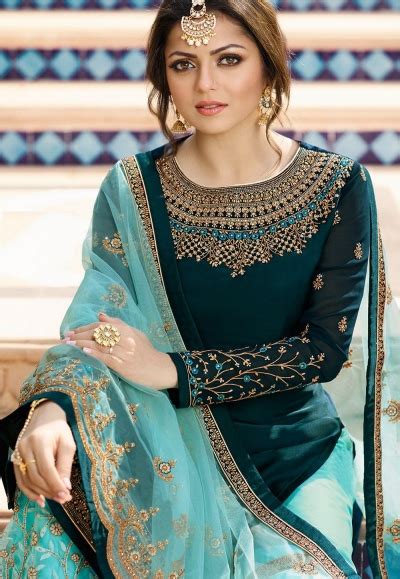 Drashti Dhami Blue Satin Georgette Embroidered Sharara Style Suit