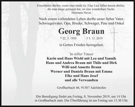 Traueranzeigen Von Georg Braun Trauer Flz De