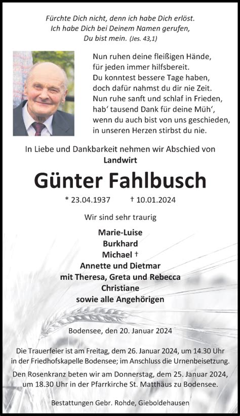 Traueranzeigen von Günter Fahlbusch trauer anzeigen de