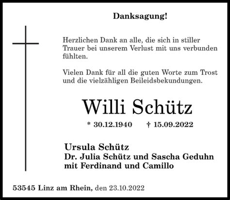 Traueranzeigen von Willi Schütz rz trauer de