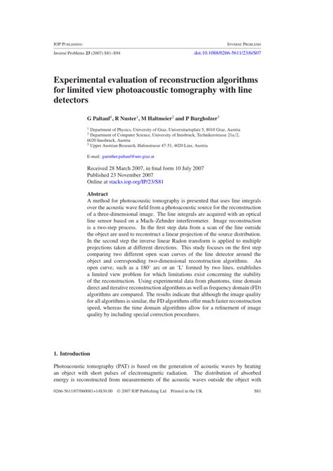 pdf experimental evaluation of reconstruction algorithms for limited view photoacoustic