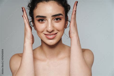 Image Of Smiling Half Naked Woman Posing With Throwing Up Hands Stock