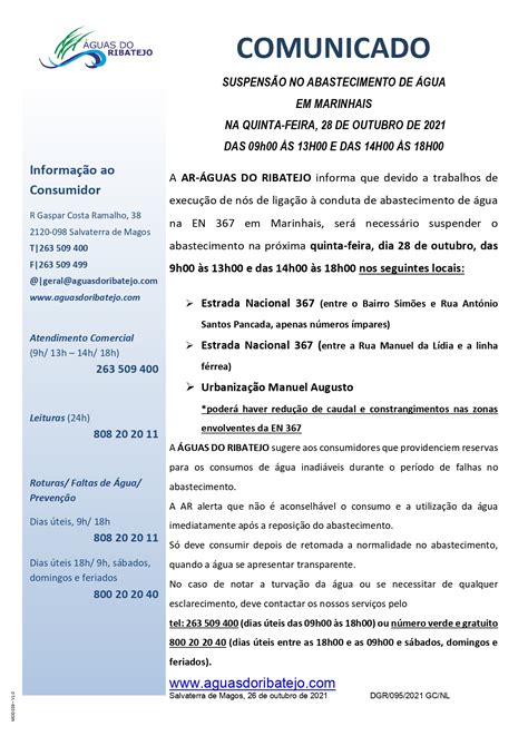 Suspensão de Abastecimento de Água em Marinhais 28 Setembro 2021 CMSM