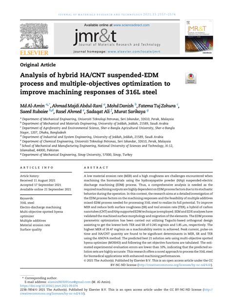 pdf analysis of hybrid ha cnt suspended edm process and multiple objectives optimization to
