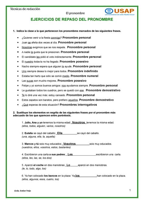 Actividad 5b Pronombre EJERCICIOS DE REPASO DEL PRONOMBRE 1 Indica