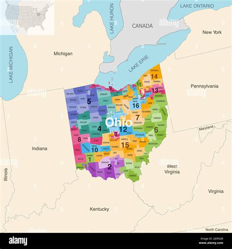 Ohio State Counties Colored By Congressional Districts Vector Map With