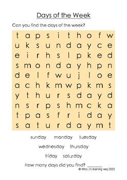 Days Of The Week Wordsearch Easy By Miss J S Learning Way Tpt