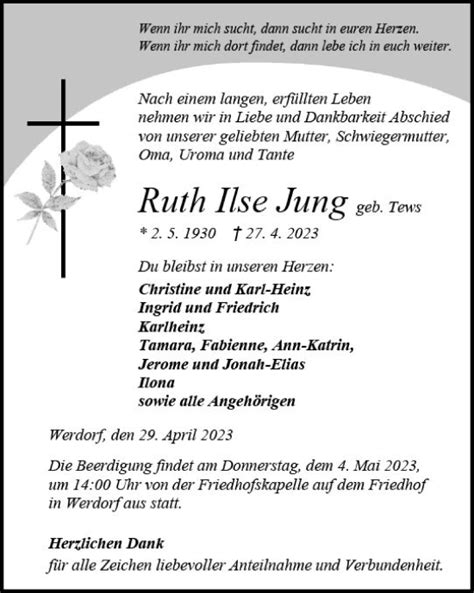 Traueranzeigen Von Ruth Ilse Jung Vrm Trauer De