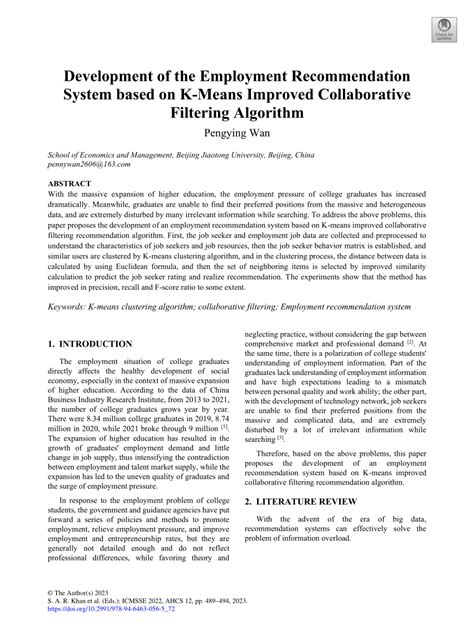 pdf development of the employment recommendation system based on k means improved