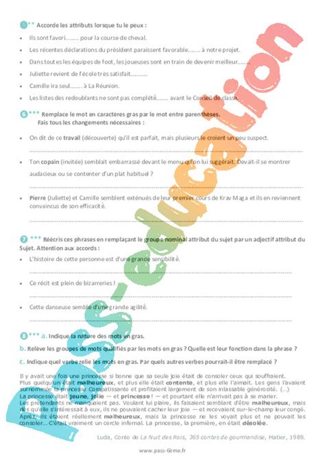 Laccord De L Attribut Du Sujet Exercices D Orthographe Pour La Me