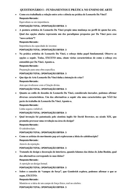 Questionário I Fundamentos E Prática NO Ensino DE ARTE QUESTIONÁRIO