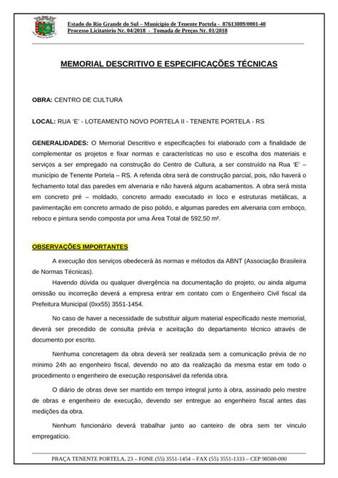 Pdf Memorial Descritivo E Especifica Es T Cnicas Sapata Isolada Ou