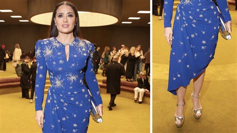Salma Hayek impacta en vestido midi y zapatos de tacón en el desfile