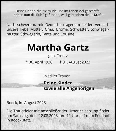 Traueranzeigen Von Martha Gartz AZ Trauer De