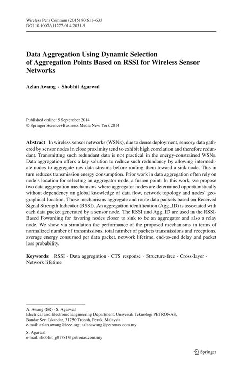 pdf data aggregation using dynamic selection of aggregation points based on rssi for wireless