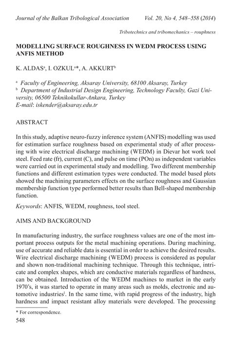pdf modelling surface roughness in wedm process using anfis method