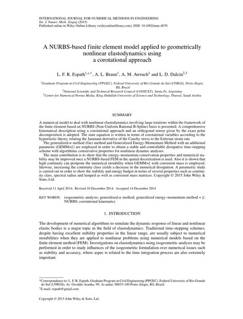 pdf a nurbs based finite element model applied to geometrically nonlinear elastodynamics using