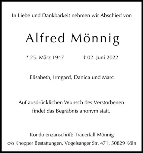 Traueranzeigen Von Alfred M Nnig Wirtrauern