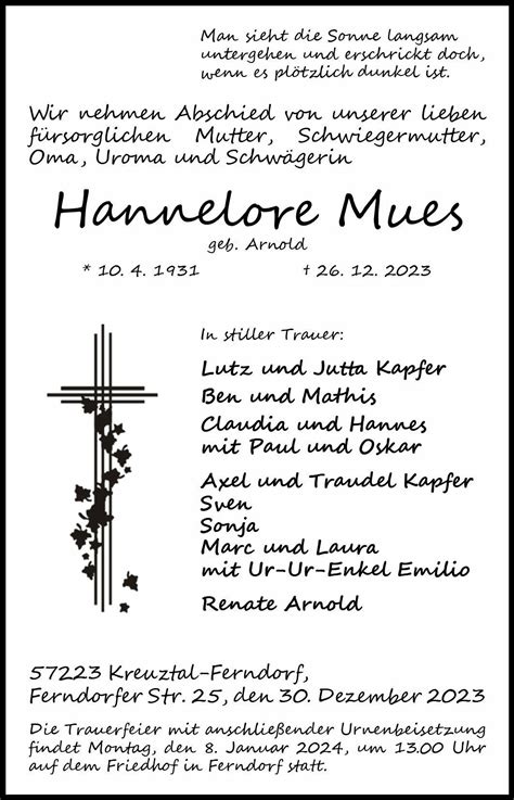 Anzeige N Mues Hannelore Kondolenz Bestattungshaus Giesler Ihr