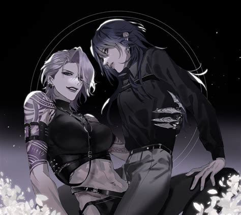 Two Anime Characters Sitting Next To Each Other In Front Of A Black And