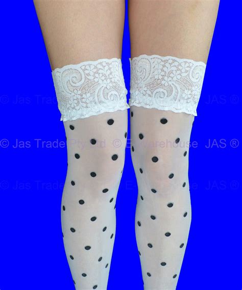 Costume Polka Dot Sheer Sexy Stay Up Floral Lace Top Thigh High Highs Stockings Ebay