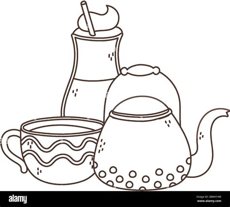 Coffee Time Cups Lattle And Kettle Fresh Aroma Beverage Vector