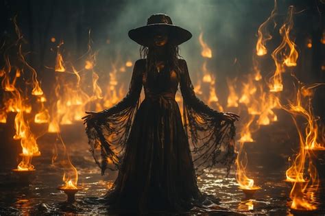 Premium Ai Image Witch In Gothic Dress Makes Casting Fire Spell In Old Castle Halloween Concept