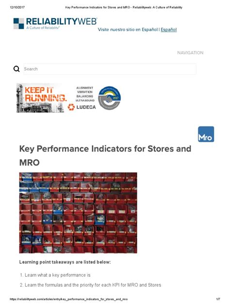 key performance indicators for stores and mro reliabilityweb a culture of reliability pdf