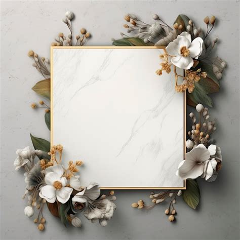 Un marco cuadrado con flores blancas y hojas sobre un fondo de mármol
