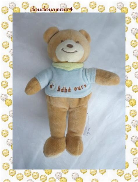Doudou Peluche Ours Beige Pull Bleu Foulard Vert Amtoys 19 Cm