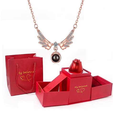 Collar De Alas De Ngel Con Caja De Regalo Rosa Joyer A Colgante De
