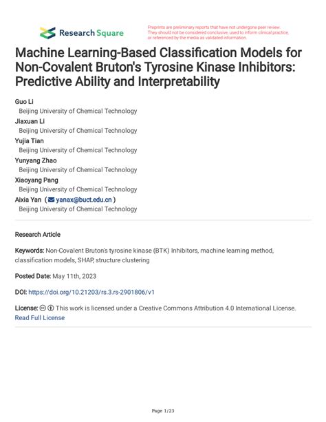 pdf machine learning based classification models for non covalent bruton s tyrosine kinase