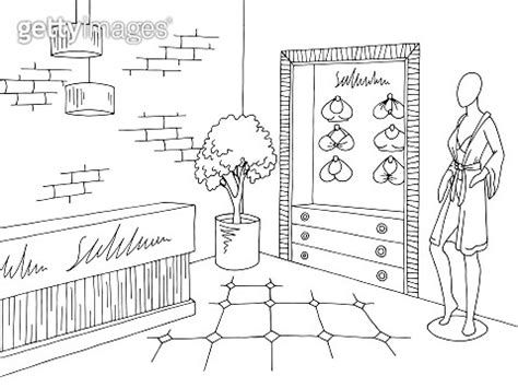 Lingerie Shop Store Interior Graphic Black White Sketch Illustration