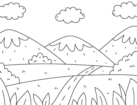 Página para colorear para niños paisaje con montañas nubes campo