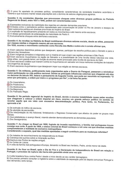 Prova de História do Brasil Império UNIP corrigida pelo gabarito