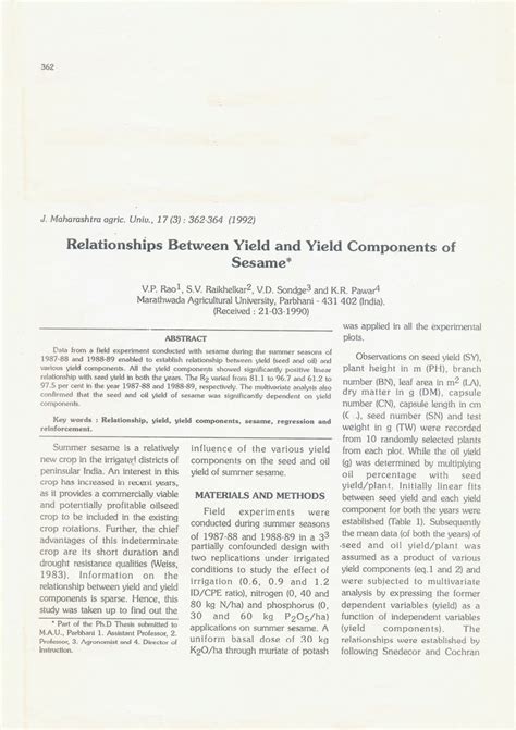 pdf relationships between yield and yield components of sesame