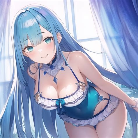 Original Characters Cleavage Bent Over Long Hair Smiling Blue Hair Blue Eyes Boobs Anime
