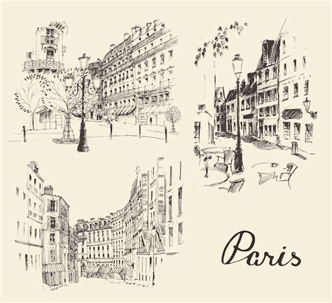 Calles en parís francia ilustración antigua grabada dibujada a mano