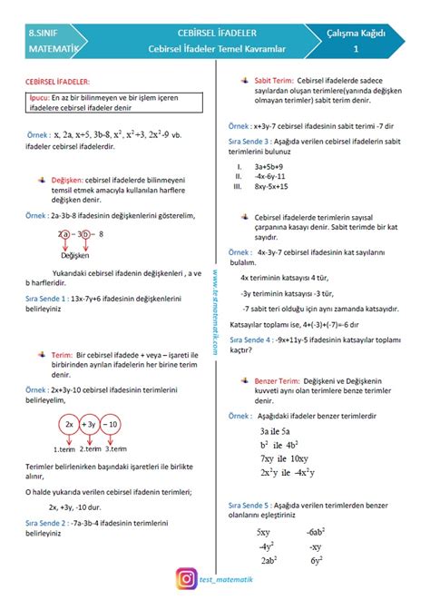 8 SINIF CEBİRSEL İFADELER TEMEL KAVRAMLAR KONU ANLATIMI Test Matematik
