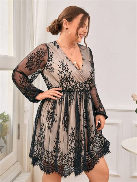 SHEIN Privé Plus Surplice Neck Lantern Sleeve Lace Dress SHEIN UK