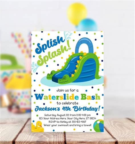 Waterslide Birthday Invitation Editable Waterslide Invitation Template