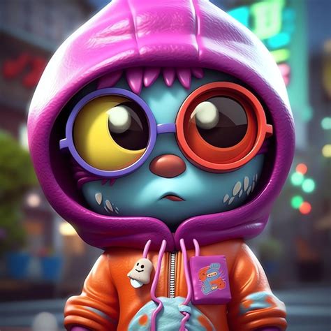 Um Personagem De Desenho Animado Um Capuz Roxo E Olhos Laranja E