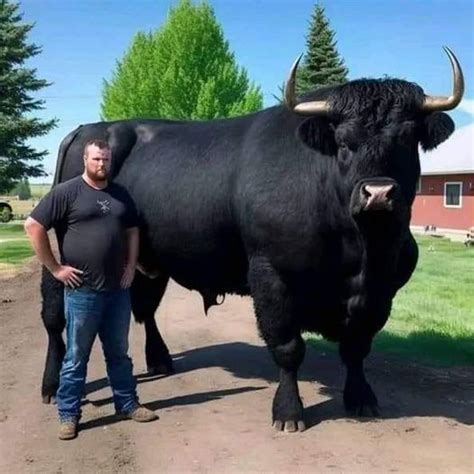 A Man Standing Next To A Large Black Bull On A Dirt Road With Trees In
