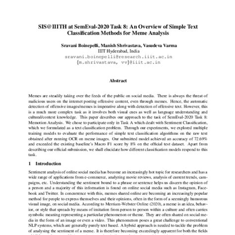sis iiith at semeval 2020 task 8 an overview of simple text classification methods for meme