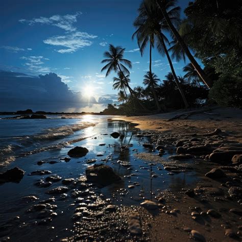Premium AI Image Night Landscape Deserted Beach Palm Tree