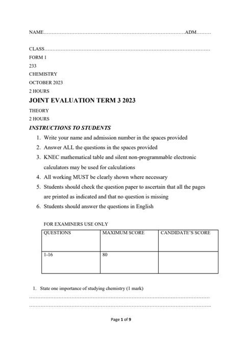 2023 Form 1 Chemistry End Of Term 3 Examination With Marking Schemes