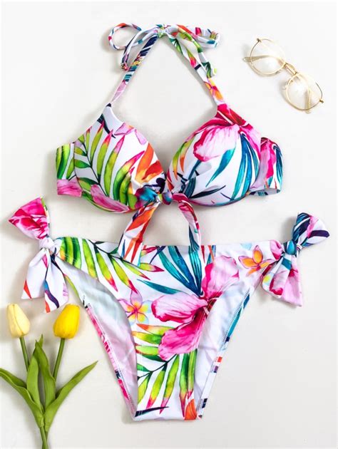 SHEIN Swim Conjunto de biquíni impressão floral sutiã push up roupa