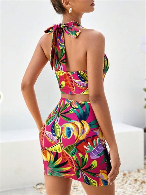 SHEIN Tropical Print Tie Backless Halter Top Bodycon Skirt Her Shop EG