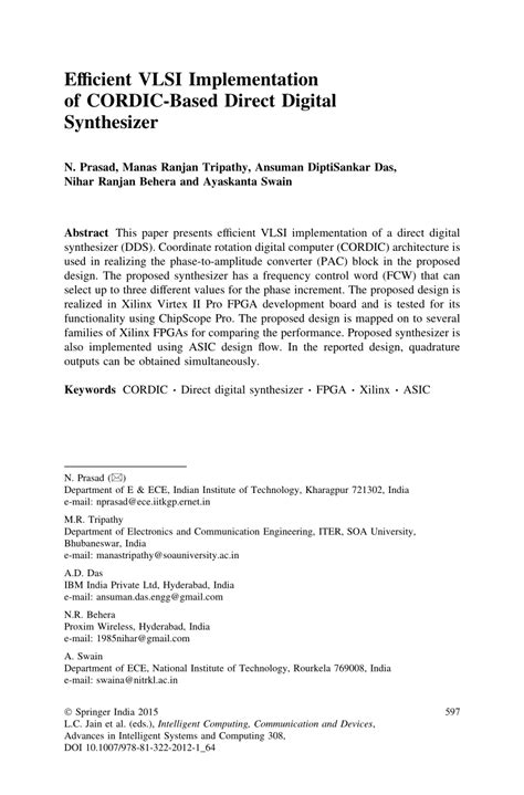 pdf efficient vlsi implementation of cordic based direct digital synthesizer